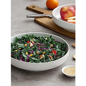 DOWAN Pasta Bowls, 65 oz Large Salad Bowls, 10'' White Serving Bowls Set of 2, Ceramic Shallow Bowl Plates, Serving Dishes for Soup Salad Pasta Vegetable Fruit Prep, Microwave Dishwasher Safe