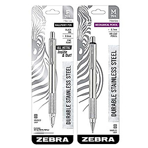 Zebra F-701/M-701 Pen & 0.7 mm Pencil Set, Stainless Steel with Knurled Grip