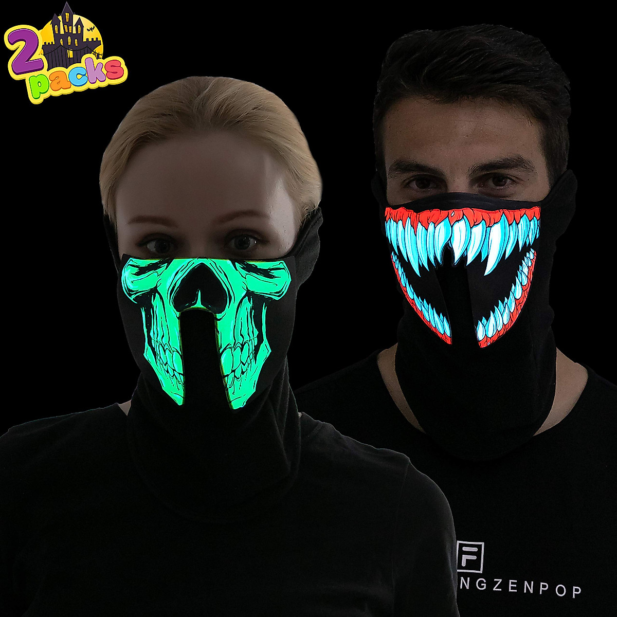 JOYIN 2 Pack Halloween Light-Up Mask, Scary LED Mask for Halloween Costume Dress-up Accessories, Halloween Parties, Festival Cosplay, Photo Shoot, School Events,Horror Theme Parties (Green and Blue)