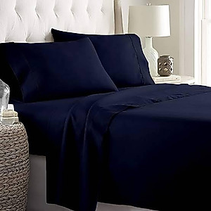 TASHMIA Sheet Set Full Size 54"x 75" x 12" Deep Pocket 100% Egyptian Cotton 600 Thread Count Soft & Silky Sateen Weave Sheets Nevy Blue Solid