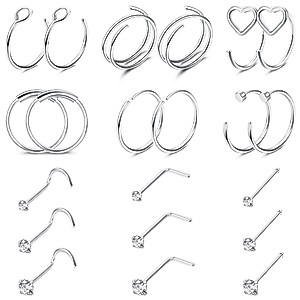 Besteel 21Pcs 22G Nose Rings Hoops 20G Surgical Steel Nose Studs Nostril Nose Piercings Jewelry for Women Men Heart Double Nose Ring Hoop for Single Piercing 1.5mm 2mm 2.5mm CZ silver
