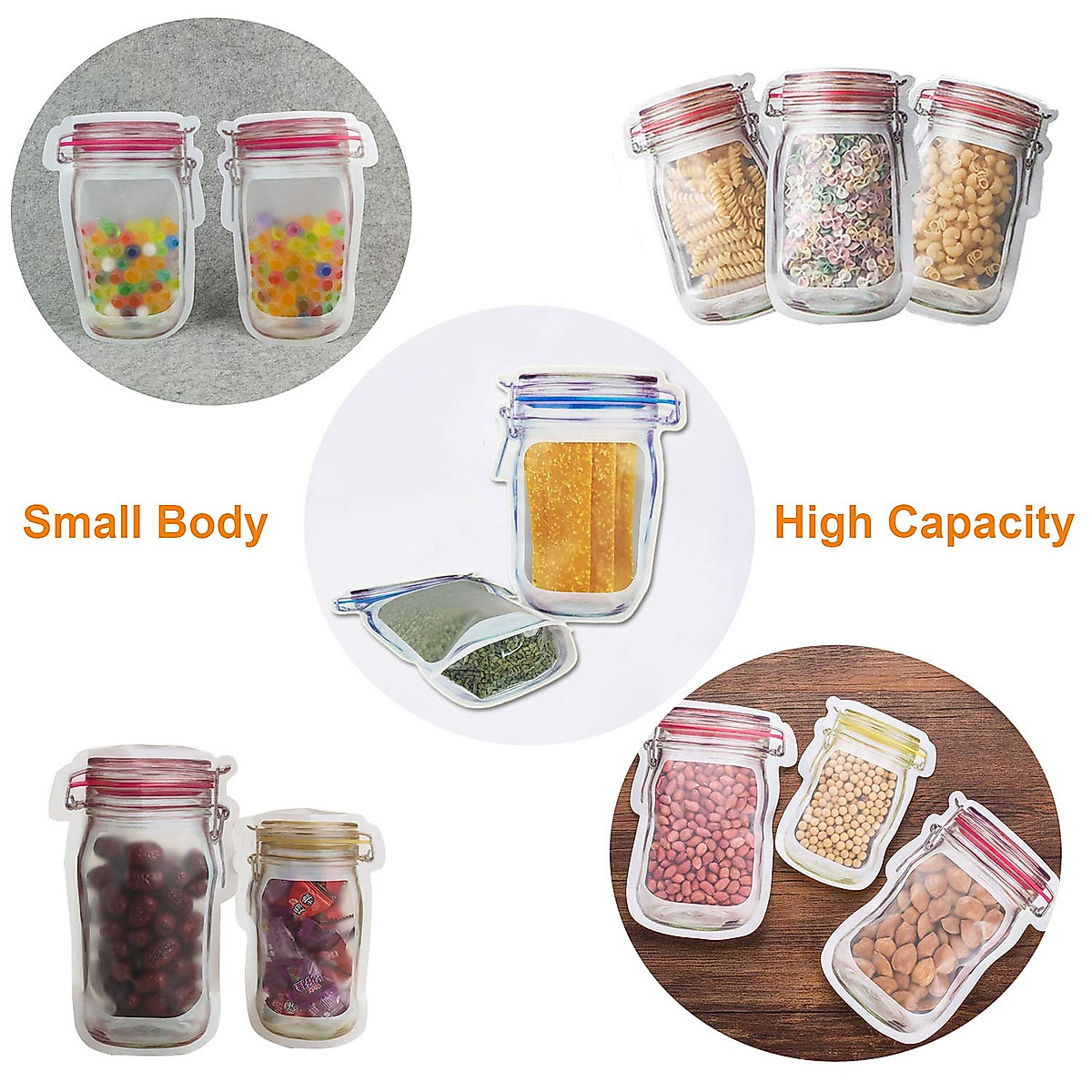 HAOT 30 Pack Mason Jar Zipper Bags, Food Storage Snack Ziplock Bags - Reusable Airtight Seal Food Storage Bags, Leak-Proof Tea Bags Refrigerator Organizor Kitchen Storage Outdoor