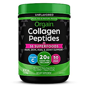 Orgain Hydrolyzed Collagen Peptides Powder + Superfoods, 20g Grass Fed Collagen - Hair, Skin, Nail, & Joint Support Supplement, Paleo & Keto, Non-GMO, Type I and III, 1lb (Packaging May Vary)