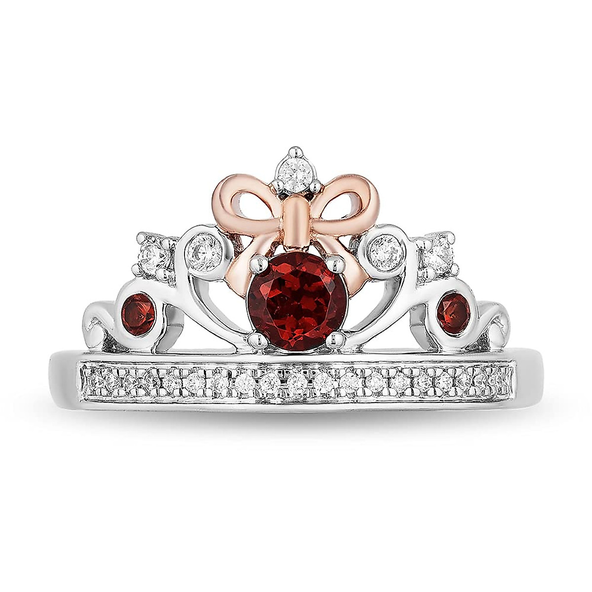 Jewelili Enchanted Disney Fine Jewelry 14K Rose Gold Over Sterling Silver 1/10 Cttw Diamond and Red Garnet Snow White Tiara Ring, Size 9
