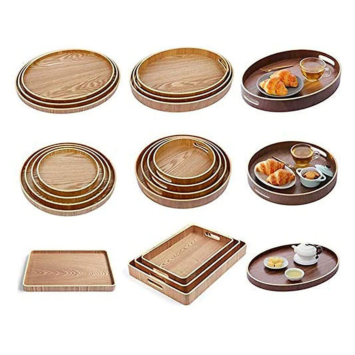 Beilay LC-2904 25x25x5cm Bamboo Wood Natural Serving Tray, Raised Edge, Food Tray,Cut-Out Handles Round