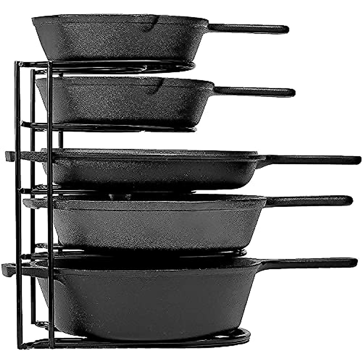 Heavy Duty Pan Organizer, 5 Tier Rack + Pan Scraper Tool - Holds up to 50 LB - Holds Cast Iron Skillets, Griddles and Shallow Pots - Durable Steel Construction - Kitchen Storage - No Assembly