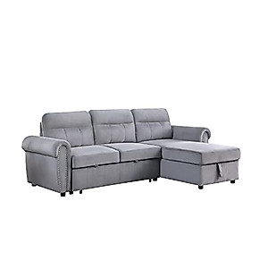 Lilola Home Ashton Gray Velvet Fabric Reversible Sleeper Sectional Sofa Chaise