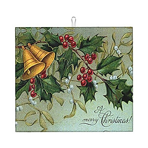 Happy New Year Xmas Tree Bell Printed Drying Mat For Kitchen Ultra Absorbent Microfiber Dishes Drainer Mats Non-Slip Silicone Quick Dry Pad - 18 X 16inch