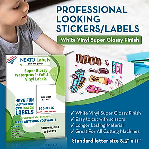 Printable Vinyl Waterproof Sticker Paper for Inkjet and Laser Printer - 10 White Full Sheet Super Glossy Craft Labels - Strong Adhesive - Tear Resistant - Made in The USA - Design Software Included