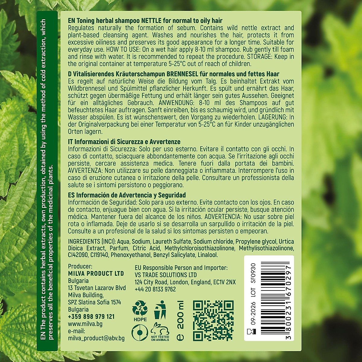 Nettle Shampoo - Helps Regulate Sebum Production, Reduce Dandruff & Ease Scalp Irritation - For Strong, Healthy Hair- 200ml