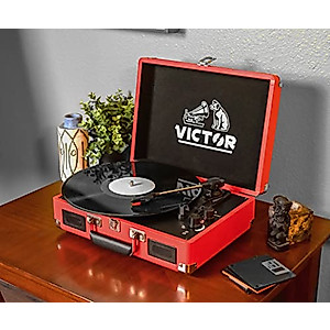 VICTOR Metro 3-Speed Portable Suitcase Turntable Record Player with Dual Bluetooth in & Out and Built-in Stereo Speakers, Red