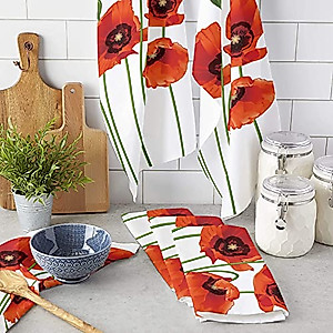 Kitchen Towels Dish Towel Set of 4,Red Poppy Floral Green Plant Absorbent Hand Towels Cleaning Dishcloth Tea Towels,Farm Watercolor Flower Reusable Drying Dish Cloths