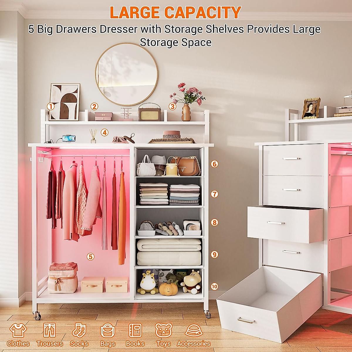 Cyclysio Dresser for Bedroom with Clothes Rack & Shelves, White 5 Drawers Dresser with Charging Station & LED Lights, Chest of Drawers with Lockable Wheels, Storage Shelves, Bedroom, Closet,Entryway