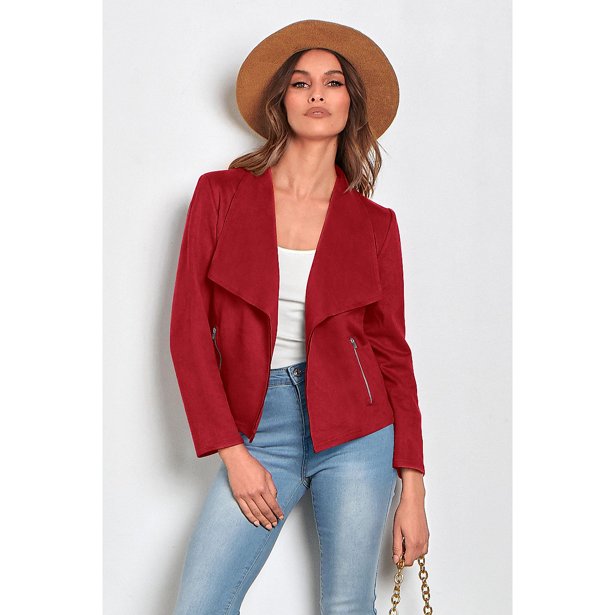 PRETTYGARDEN Women's Faux Suede Jackets 2025 Spring Fall Clothes Long Sleeve Open Front Cropped Coat Outwear (Red,Large)