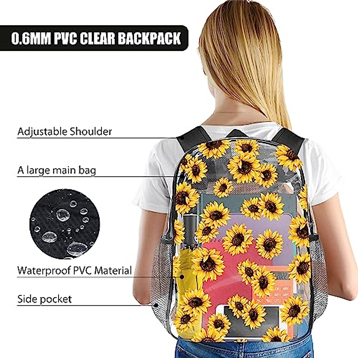 Roftidzo Sunflower Transparent Bookbag for Boys and Girls, High Capacity See Through Backpacks for Women Men, Multifunction Clear Backpack with Heavy Duty PVC Reinforced Strap for Workplace Travel