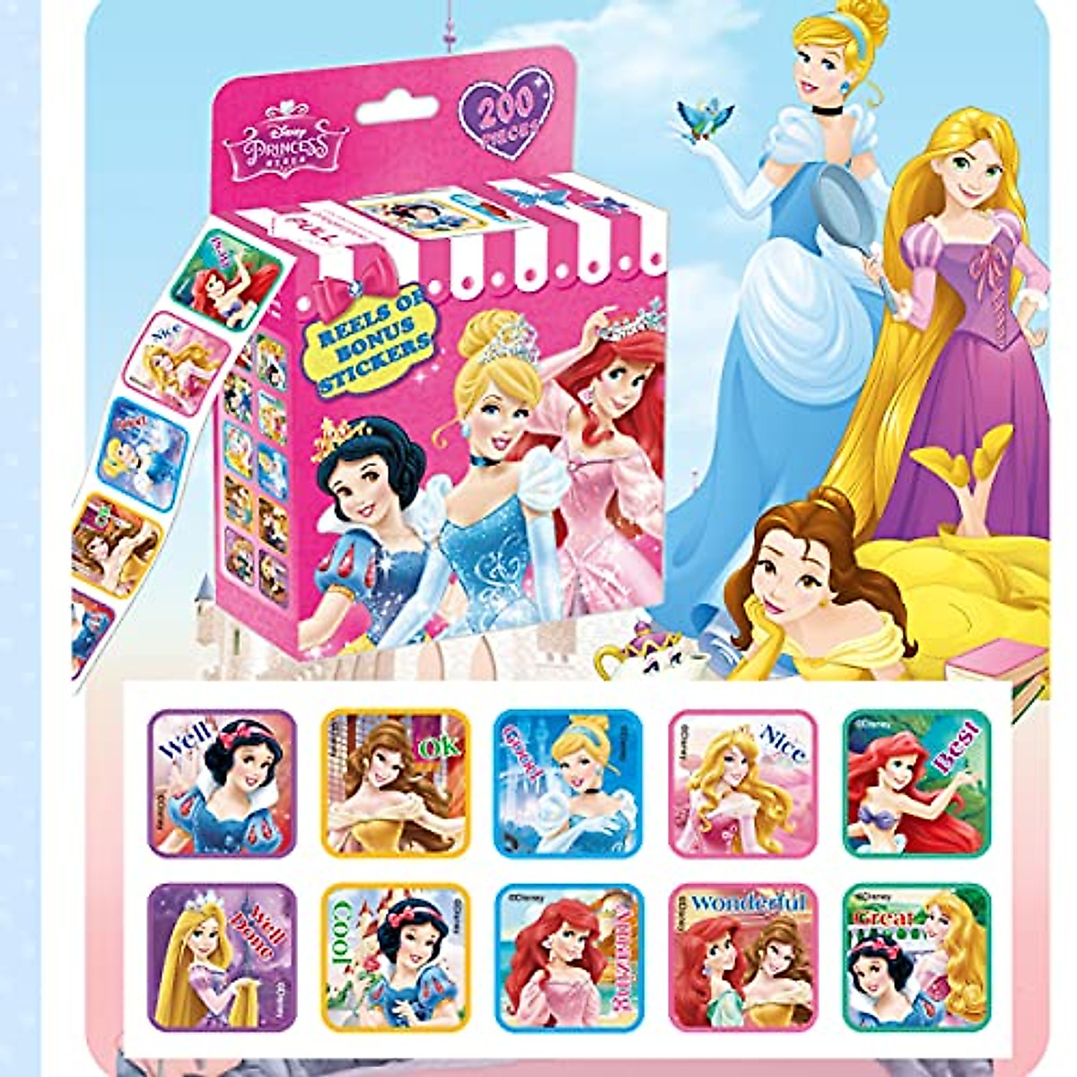 3 Pack Frozen Kids Sticker in 30 Designs,600 Pcs 1-1/2 Inch Self Adhesive Label Roll Stickers for Kids and Teacher(Princess )