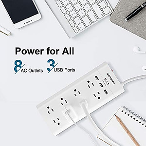 WANDOFO 2 Prong 8 Outlet Power Strip, 6 FT Extension Cord with 3 USB Ports, 1625W 1050J Surge Protector, 2 Prong to 3 Prong Multi Plug Outlet Adapter Converter, Polarized Plug, White