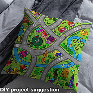 Feelyou Kids' Play Mat Fabric by The Yard, Hand-Drawn Style Suburb Road Upholstery Fabric for Chairs, Car Race Track Cartoon Roadway Decorative Fabric for Home DIY Projects, 1 Yard, Grey Green