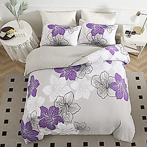 3 Pieces Duvet Cover Set Queen Purple Floral Pattern Comforter Cover Set Elegant Boho Lily Duvet Cover with 2 Pillow Cases Breathable Microfiber Bedding Duvet Cover Set All Season (Purple, 90"x90")