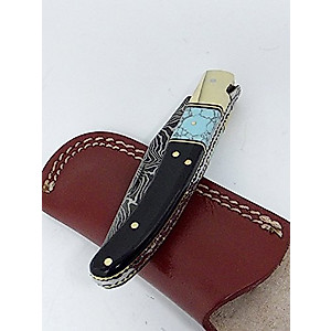 Made in Ancient Persian Indus Valley Damascus Knives Laguiole Style Pocket Knife Ram Horn & Turquoise Handle With Leather Sheath