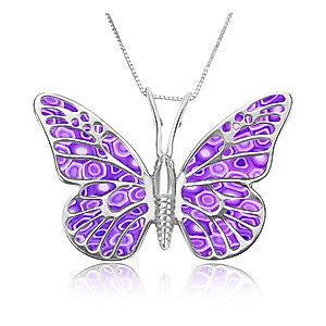 925 Sterling Silver Butterfly Necklace Pendant Purple Polymer Clay Handmade Jewelry, 16.5"