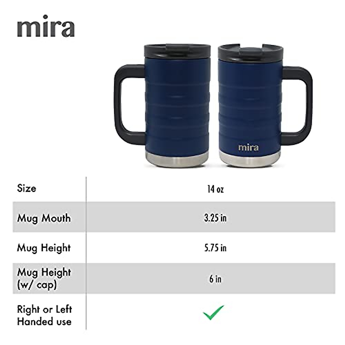MIRA Vacuum Insulated Coffee Mug with Handle, 14oz Stainless Steel Tea Coffee Travel Mug, Double Wall Reusable thermal Coffee Cup with Lid, Admiral Blue