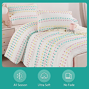 HOMBYS Tufted Pom Poms Bedding Comforter Set for Girls, 3 Piece White Boho Jacquard Kids Comforter Set for All Season，Twin/Twin XL Size