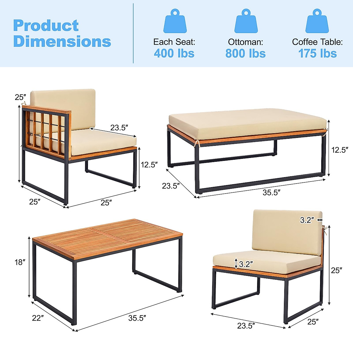 Tangkula 5 Piece Patio Furniture Set, Acacia Wood Sectional Set with Heavy-Duty Metal Frame, Comfy Seat & Back Cushions, Outdoor Wood Conversation Chair Set for Poolside, Porch, Backyard (Beige)