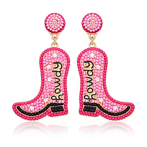 Cowgirl Boot Earrings Hypoallergenic Beaded Howdy Drop Dangle Earrings Handmade Western Country Dangling Earrings Jewelry for Women(hot pink)