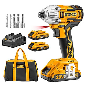 INGCO 20V Cordless Impact Driver Set, 1/4 Inch Brushless Impact Driver with 2pcs Batteries 1pc Hour Fast Charger 3pcs Sockets 1pc Bag CIRLI2002A