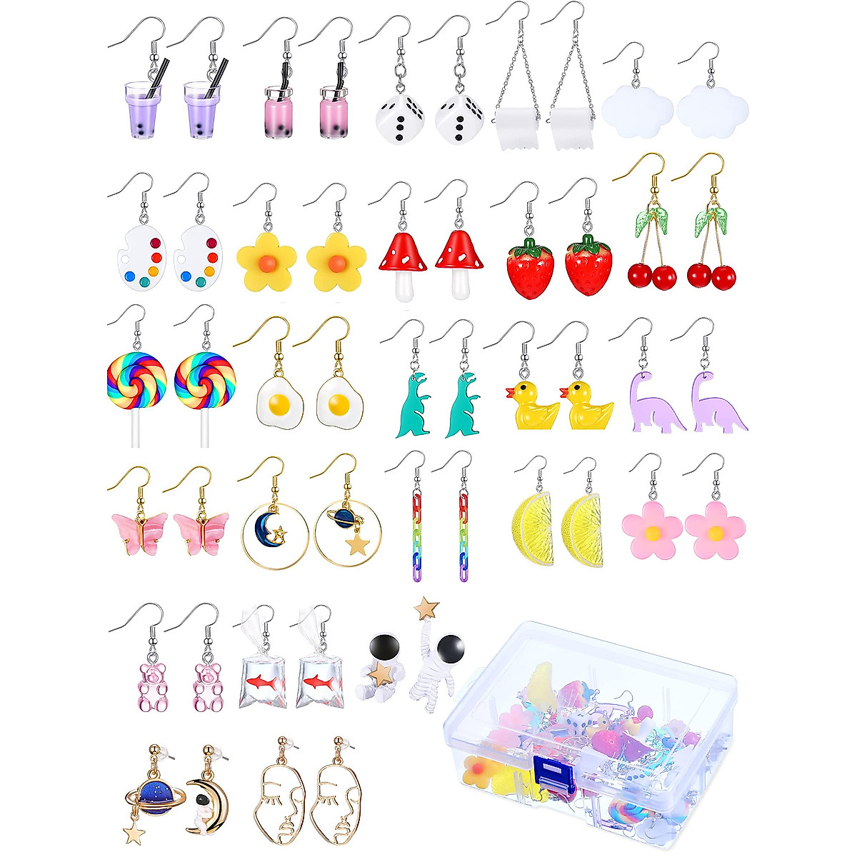 25 Pairs Cute Weird Earrings Funny Dangle Drop Earrings Water Bottle Earrings Milk Tea Dangle Earrings Bear Goldfish Water Bottle Strawberry Mushroom Butterfly Cloud Flowers Dinosaur Egg Earrings