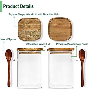 Square Glass food storage Containers with Airtight Lids, 2 Pack with 2 Wooden Spoon, Glass Jars with Wood Lids, Airtight Glass Canisters Sets with lids, Glass Coffee Storage Containers with Wood Lid