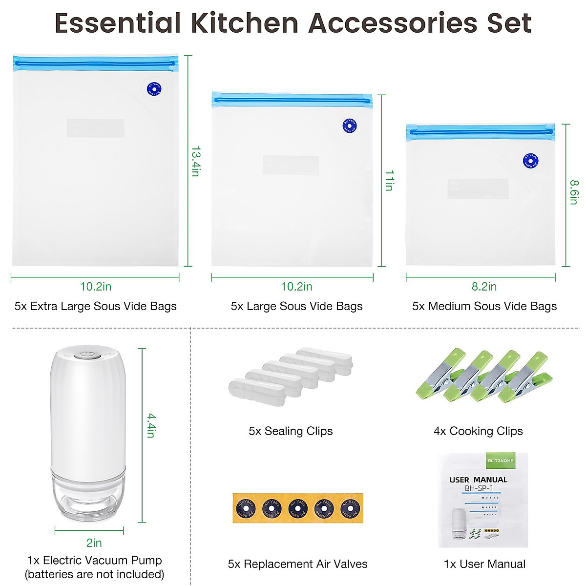 BLITZHOME Vacuum Sealer Bags for Food 3 Sizes, 30 Pack Kit with Vacuum Pump, 15Pcs Reusable Sous Vide Bags, 5 Air Valves, 5 Sealing Clips, 4 Clips for Sous Vide Cooking/Food Storage, BPA Free…