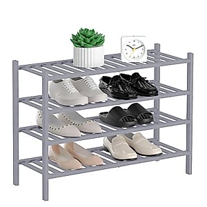 RONGJIA 4-Tier Natural Bamboo Shoe Rack - Stackable Storage Shelf with Multi-Function Combinations - Free Standing Shoe Racks for Convenient Shoe Organization（Gray） 11" D x 27" W x 28" H