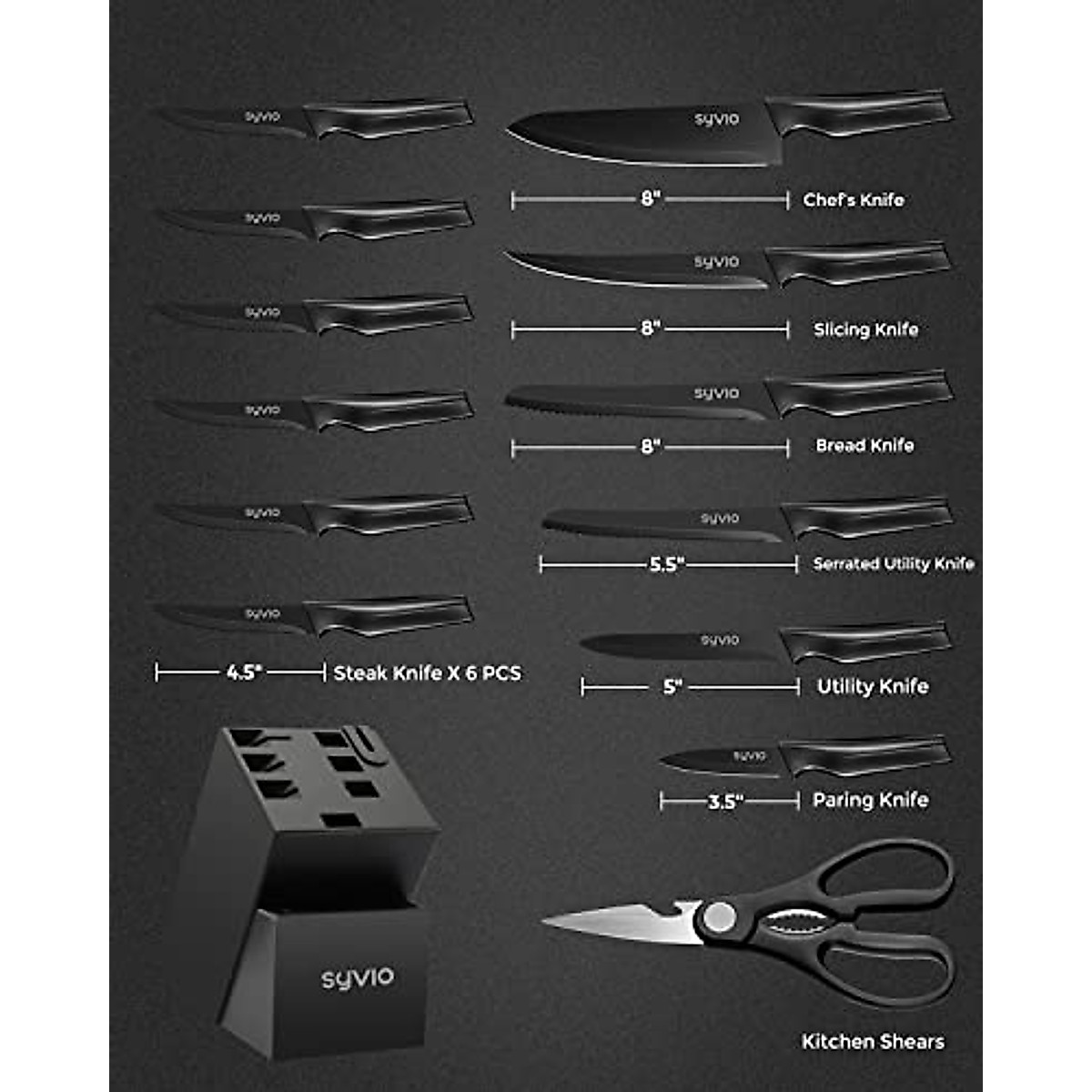syvio Knife Sets for Kitchen with Block, Kitchen Knife Sets 14 Piece with Built-in Sharpener, Kitchen Knives for Chopping, Slicing, Dicing&Cutting