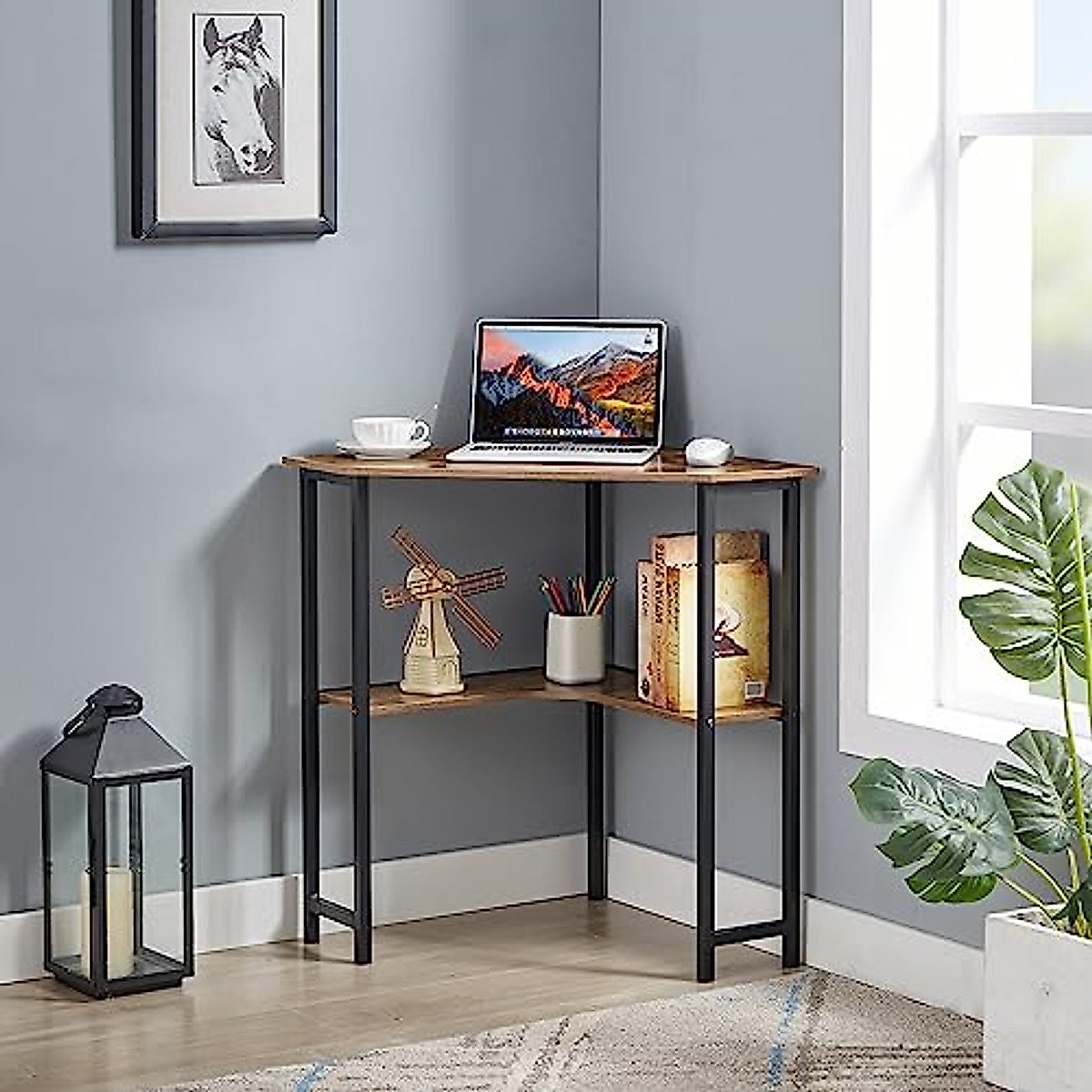 VECELO Corner Computer Desk 33 x 23 inches with Storage Shelves for Small Spaces,Triangular Shape,Brown