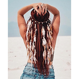 Gangel Bohemian Feather Hairband Gypsy Headband with White and Brown Feather Tassel Hemp Rope for Festival Masquerades, Carnival, Hippie Costume, Women's Prom Accessories