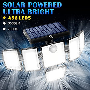VENSSTNOR Solar Motion Sensor Flood Lights Outdoor - 496LEDs 3500LM 3 Lighting Modes 3 Levels Brightness, 6 Heads 360° Illumination, IP65 Solar Security Lights,for Porch Yard Patio Garage(2 Packs)