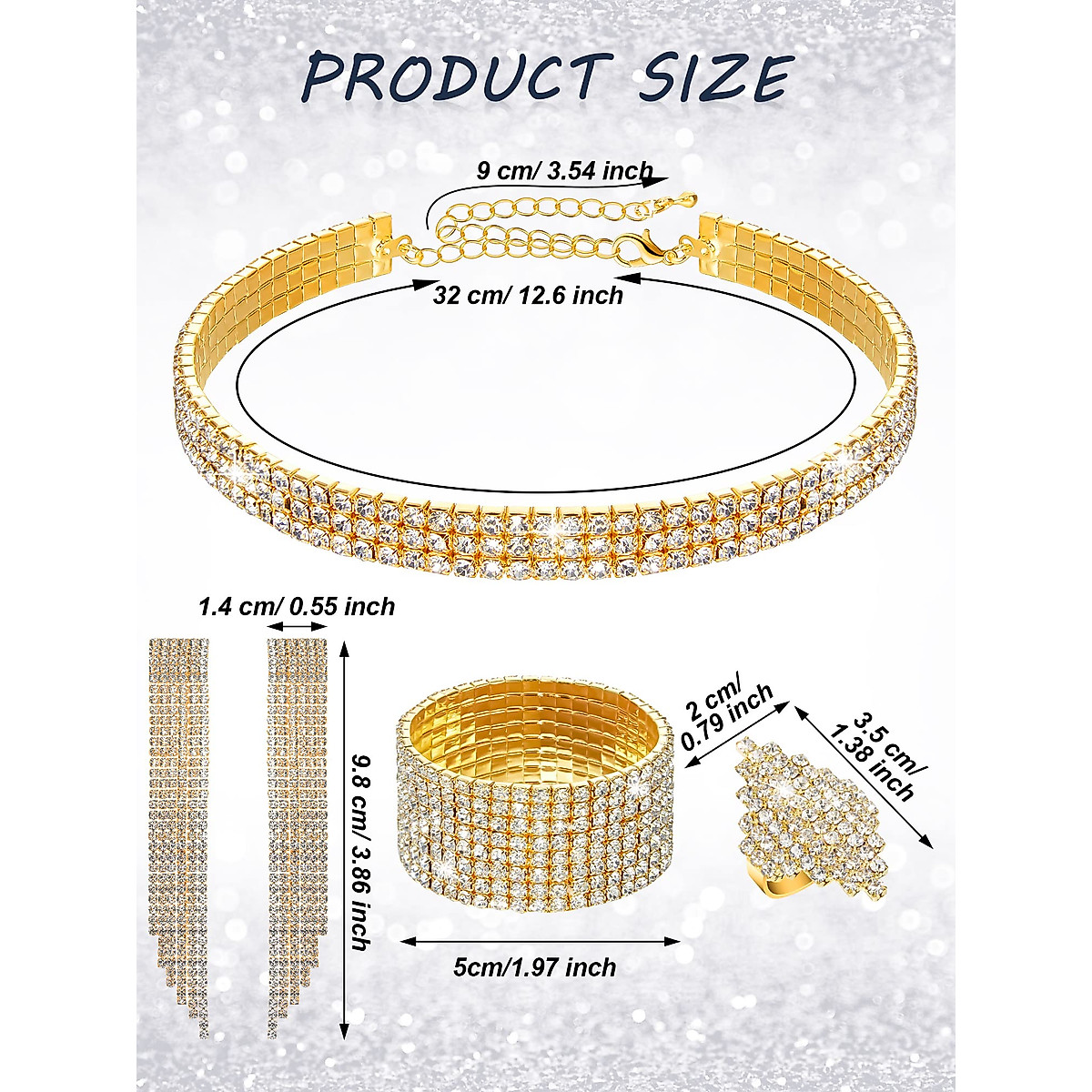 Hicarer 3 Pieces Women Rhinestone Jewelry Set Rhinestone Choker Stretch Bracelet Bangle Crystal Rhinestone Necklace Ring Dangle Fringe Earrings for Wedding Bridal Birthday Party Accessories
