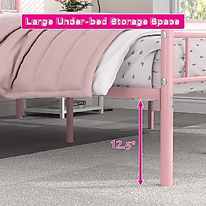 VECELO 14 Inch Queen Size Metal Platform Bed Frame with Headboard and Footboard, Heavy Duty Mattress Foundation with Steel Slats Support, No Box Spring Needed, Pink