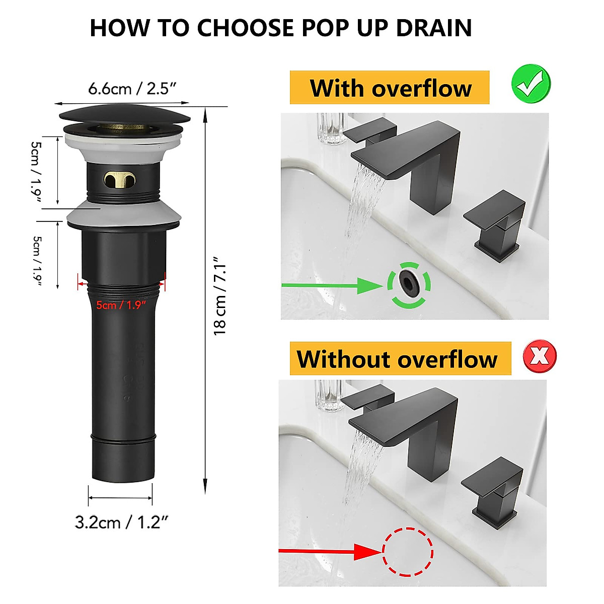Hoimpro 3 Holes 8 Inch Widespread Bathroom Faucet, Waterfall Two Handles Bathroom Sink Faucet with Pop Up Drain, Bathroom Sink Faucet with cUPC Supply Hoses, Stainless Steel, Matte Black