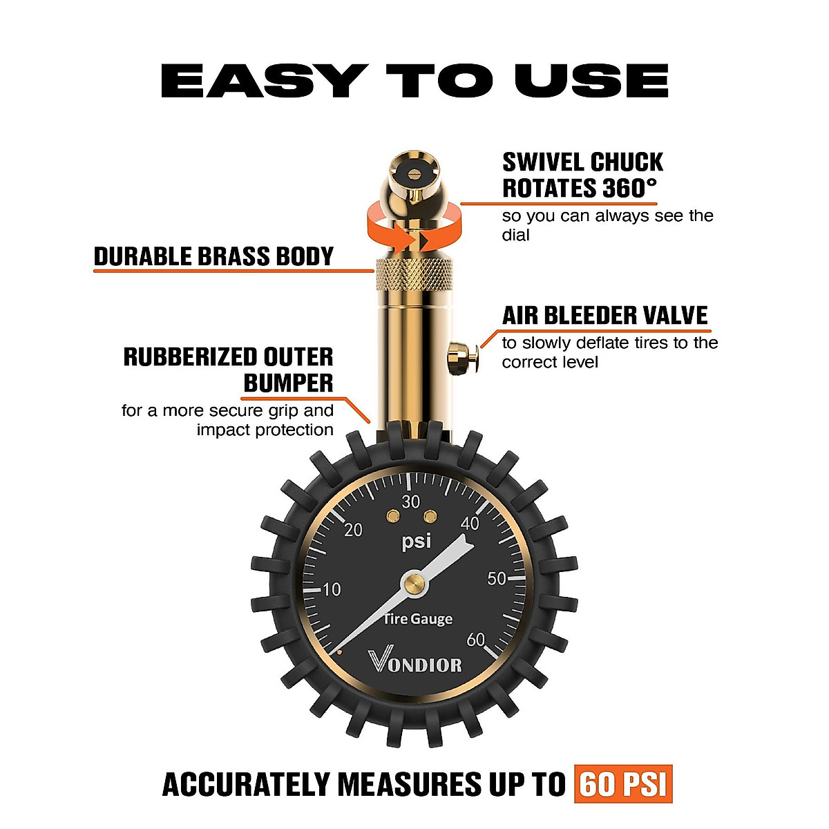 Tire Pressure Gauge - (0-60 PSI) Heavy Duty, Certified ANSI Accurate with Large 2 Inch Easy to Read Glow Dial, Low - High Air Pressure Gauge. Tire Gauge for Car and Trucks Tires by Vondior