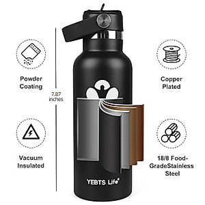 YEBTS LIFE Water Bottle,Vacuum Insulated Water Bottles with 2 Lids & 2 Straws&Brush,Stainless Steel Water Bottles Keep Hot and Cold,Leak Proof,Sports Water Bottle for Hiking Biking Sport (18oz, Black)