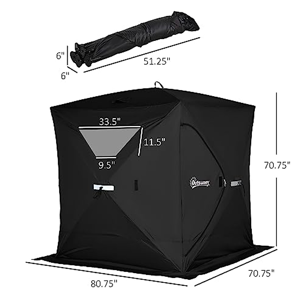 Outsunny 2-4 People Ice Fishing Shelter, Pop-Up Portable Ice Fishing Tent with Carry Bag, Two Doors, Windows and Vents, Ice Shanty for Winter Fishing, Black