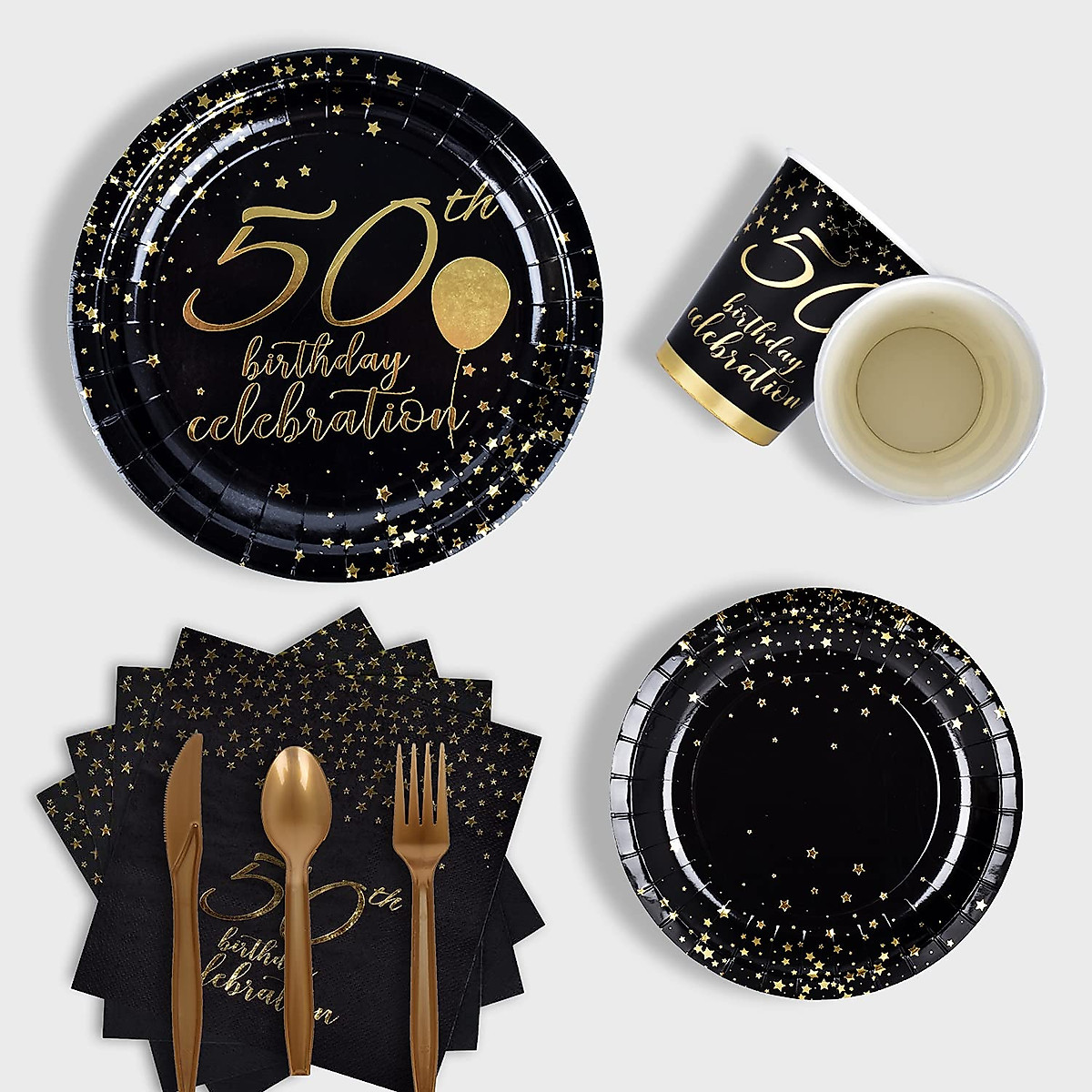 Gatherfun 50th Birthday Party Supplies Disposable Paper Plates Napkins Cups Knives Spoons Forks Tablecloth Banner Number 50 Balloons for Men Woman Black and Gold 50 Birthday Party Decorations Serve 25