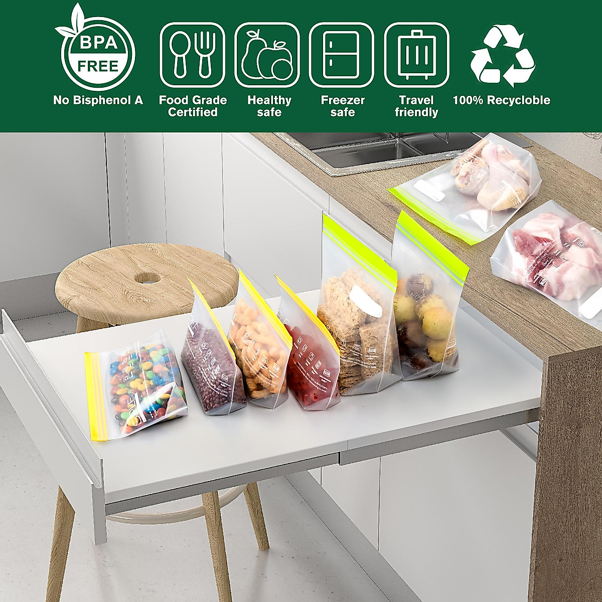 SPLF 20 Pack Reusable Sandwich Bags Dishwasher Microwave Safe, BPA Free Extra Thick Leakproof Reusable Food Storage Bags Silicone and Plastic Free Quart Size Freezer Bags Containers