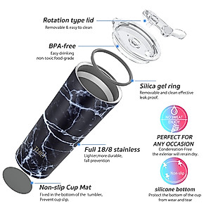 THILY Stainless Steel Vacuum Insulated Tumbler Travel Mug 26 oz Coffee Cup with 2 Lids and Straws, Splash Proof, Keep Ice Drinks Cold, Black Marble