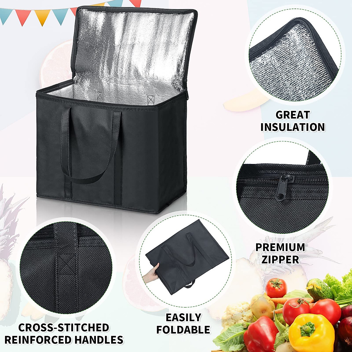 Kenning 15 Pcs Large Insulated Reusable Grocery Bags with Sturdy Zipper and Handles Foldable Washable Cooler Totes Heavy Duty Hot or Cold Food Delivery Bags for Food Transport Travel Picnic Camping
