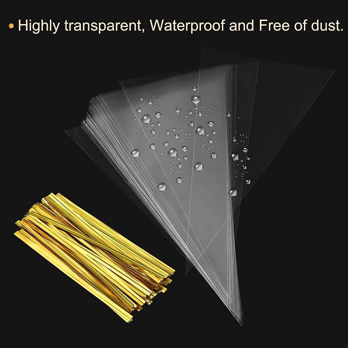 uxcell 100 Pcs Cone Cello Bags, Clear Flat Plastic Cello Treat Bags with Gold Twist Ties Candy Bags Cookie Bags for Christmas Snacks Candy Cookies Sweet