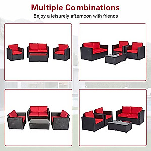 Peach Tree 4 PC Patio Furniture Sets PE Rattan Wicker Sofa Sectional Conversation Set with Washable Cushion and Coffee Table Deck Couch Set for Garden Outdoor(Red)